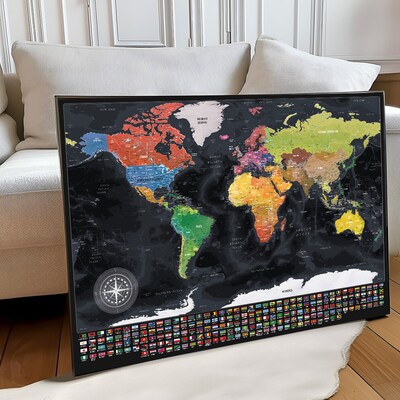 Blue World Map With Flags, High Resolution World Map Poster, Printable Wall Map, Digital World ...