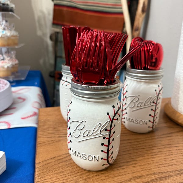 Baseball Mason Jar Caddy Set: Rustic Painted Utensil Holder - Etsy