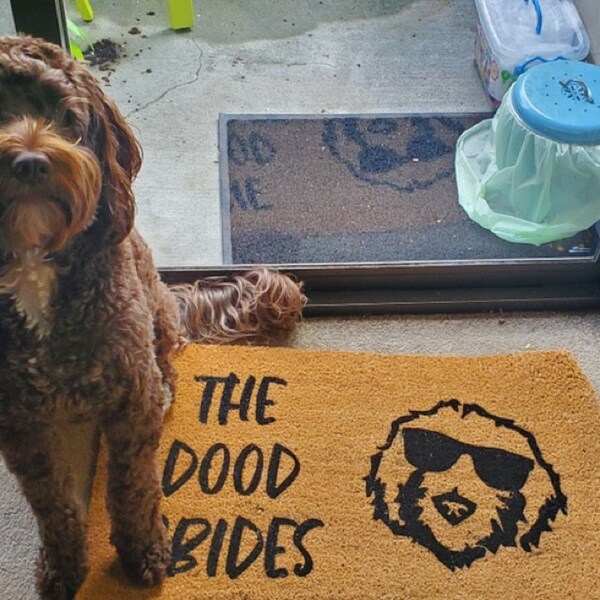 The Dood Abides Funny Goldendoodle Doormat, Labradoodle Welcome Mat ...