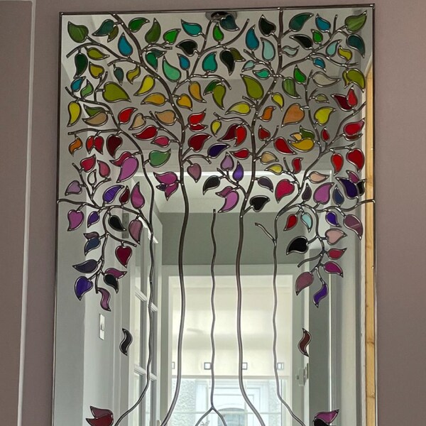 Pair of Branch Design Lead Overlay Stained Glass Mirrors 25 X 91 Cm ...
