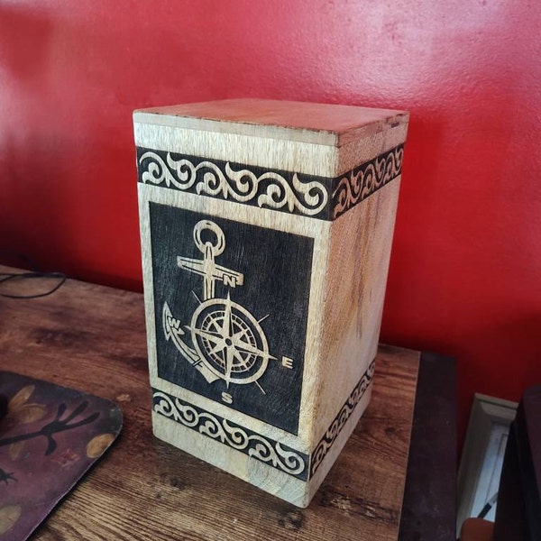 Wooden Urn Ashes Storage Box Beautiful Design Anchor With Compass ...