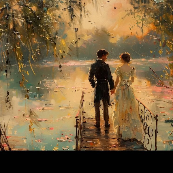 Romantic Couple by the Lake, Romantic Scene, Impressionistic Painting ...