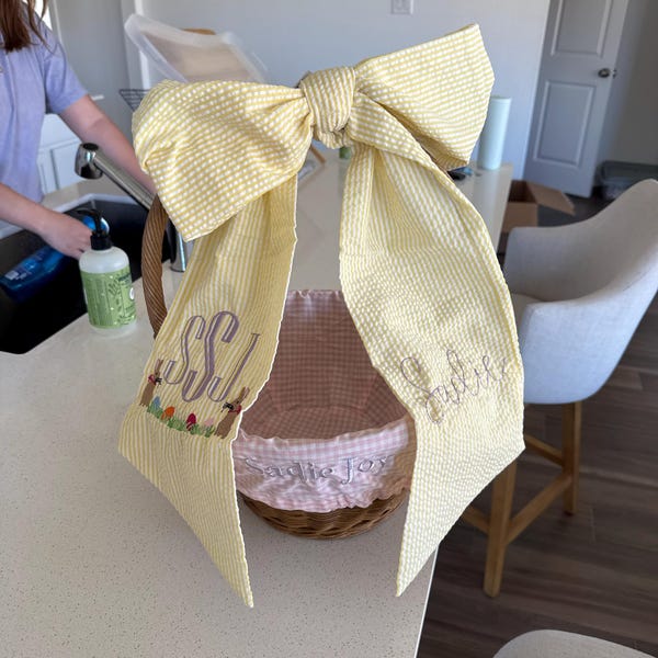 Monogrammed Easter Basket Bow, Personalized Easter Basket Sash, Embroidered Bunny Basket Gingham ...