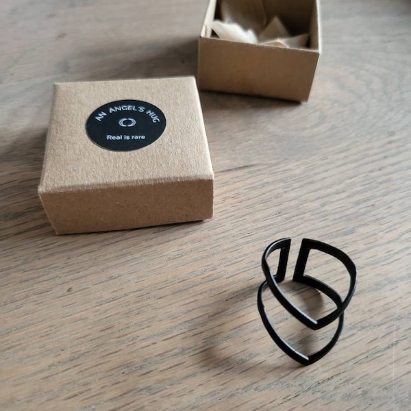 Double Black Adjustable Womens Ring, Matte Black Chevron Minimal Open ...