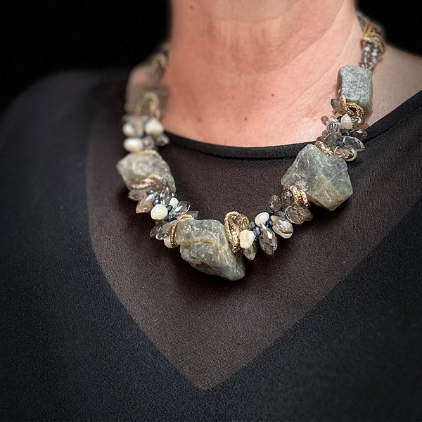 Natural Labradorite Mix Statement Necklace. Statement Necklace. Gray ...