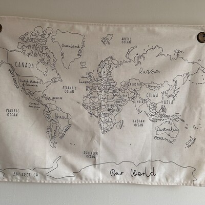 Small World Map Fabric Wall Hanging Natural Organic Cotton 67x46cm ...