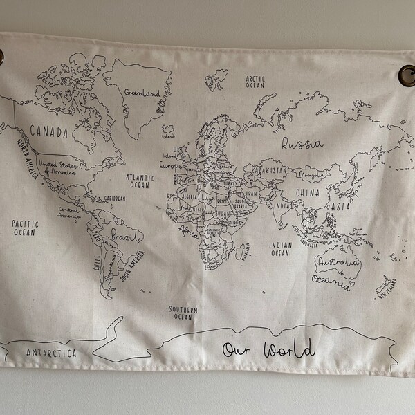 Small World Map Fabric Wall Hanging Natural Organic Cotton 67x46cm ...
