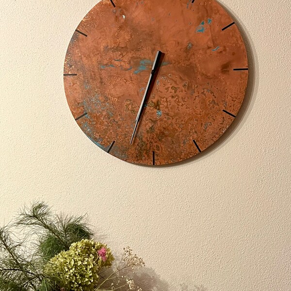 Wall Clock Round, Industrial Clock Copper Patina. Wall Art Copper, Large Clock Copper Color, Raw ...