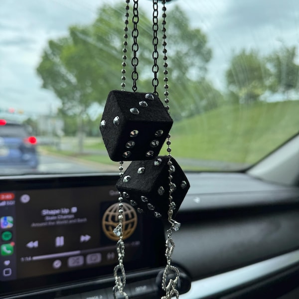 Black Fuzzy Dice With Black Bling Gems and Chain or Cord / Car ...
