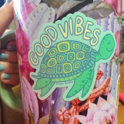 Sea Turtle Vinyl Sticker, Good Vibes Sticker, Happy, Cute Sticker ...