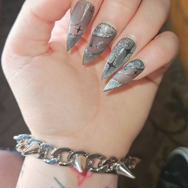 Black Stars Press on Nails, Black Coffin Nails, Custom Fake Nails, Handpainted False Nails ...