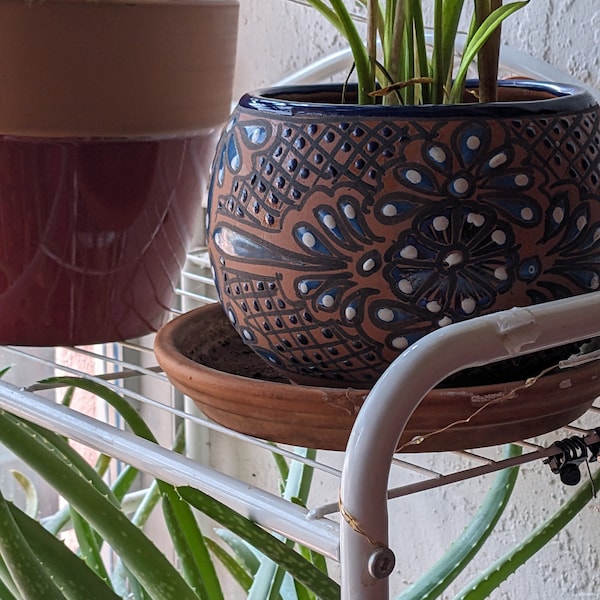 Pancho Blue Ceramic Planter Pot With Saucer Attached/planters and Pots ...