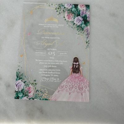 Clear Acrylic Quinceañera Invitations With Pink Flowers Gold Silver ...