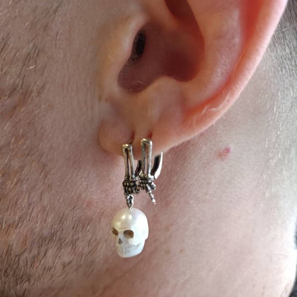 Pearl Skull Asymmetric Earrings, Skeleton Hand Bone, Human Skull, Goth ...
