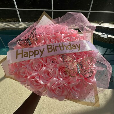 Ramo Buchon, Pink Eternal Rose Bouquet, Handmade Fake Flowers Bouquet, Ever Lasting Flower ...