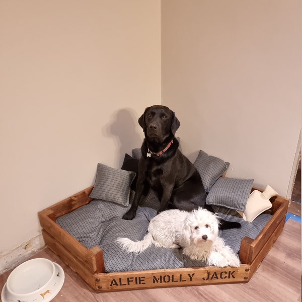 XL Personalised Rustic Wooden Corner Dog Bed in Grey Fabric - Etsy