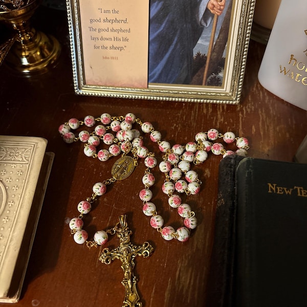 Handmade White With Pink Flower Patterned Rosary - Etsy