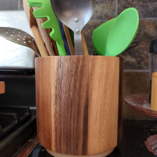 Acacia Wood Rotating Lazy Susan Utensil Holder - Etsy
