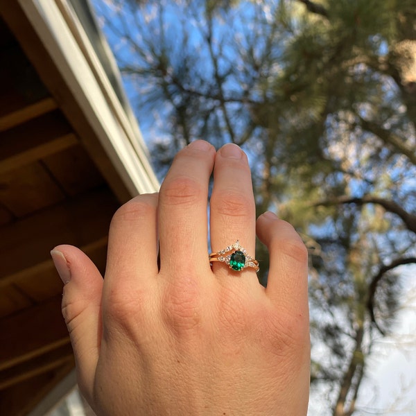 Vintage Oval 1.5CT Emerald Ring Set// Rose Gold Emerald Proposal Ring ...