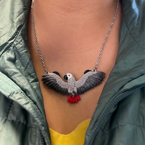African Grey Parrot Necklace, Handmade, Parrot Figurine Made of Polymer ...