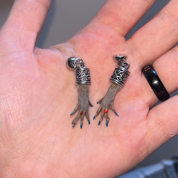 Taxidermy Rat Feet With Painted Nails and Rhinestone Ring Earrings Made ...