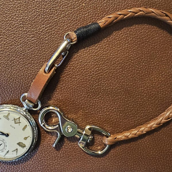 Braided Leather Pocket Watch Chain: Stainless Steel Clip, Bow Protector ...