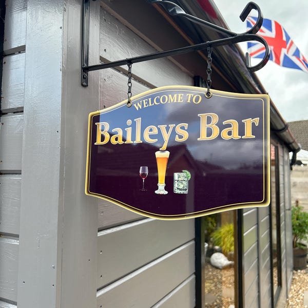 Personalised Barrel Shaped Pub Shed Hanging Swing Sign With Bracket ...