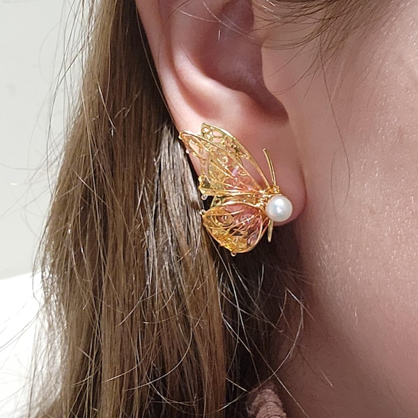 Handmade Creative Earring Multi-color Butterfly Earrings Pearl Wing ...