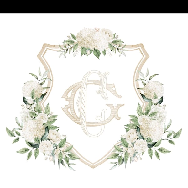 Blue and White Hydrangea Wedding Crest Monogram | Watercolor Dog Crest ...