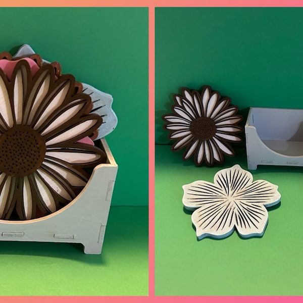 4 Flower Coaster Svg Laser Cutting Files With Storage Box - 3D Flower ...
