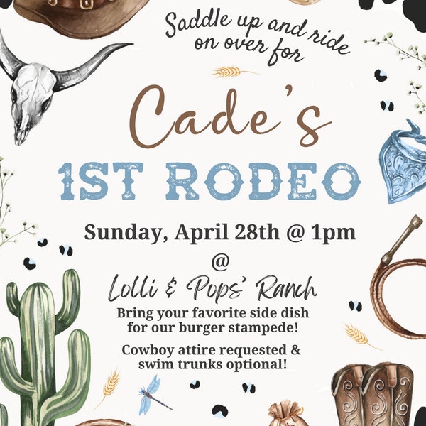 First Rodeo Invitation Template, Wild West Birthday Invite, Boy Cowboy ...