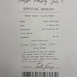 Editable Tooth Fairy Receipt Printable Certificate First Tooth Lost ...