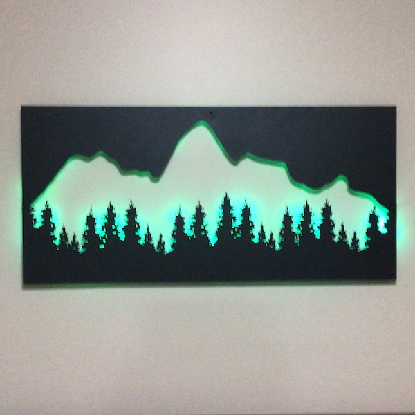 LED Mountain Metal Wall Art / Neon Mountain and Tress Metal Art / Light ...