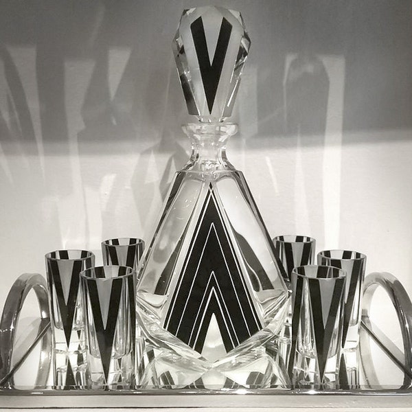 Moser Art Deco Yellow Crystal Glass Decanter Set, Czech Bohemian ...