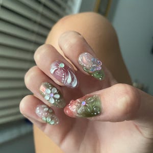 Stunning Acubi-style Nails Deep Blue Ombre Press on Nails Sparkling ...
