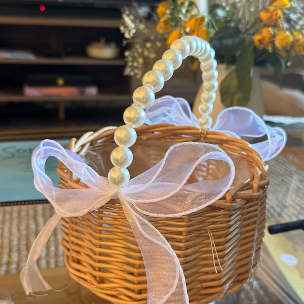 Flower Girl Basket Pearl Handle Wicker Rustic Petal Basket Boho Bridal ...