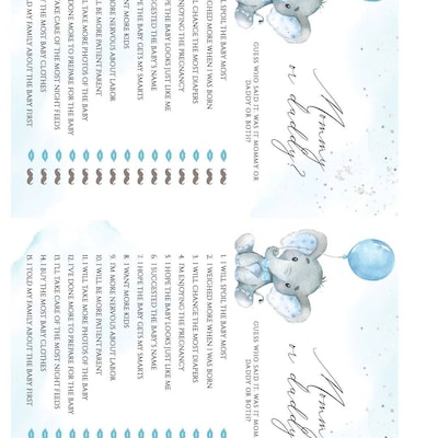 Elephant Baby Shower Games Bundle, Blue Elephant, Instant Download ...