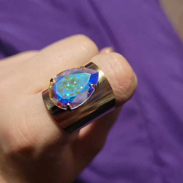 Aurora Borealis Swarovski Crystal Pear Shaped Gold Wide Band Ring, AB ...