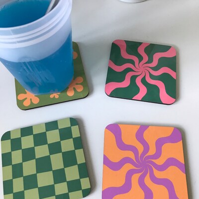 Cute Coasters Set of 4 Wavy Coasters Funky Decor Cork Coaster Colourful ...