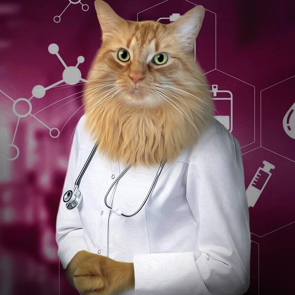 Custom Female Pet Doctor Portrait - Doctor Pet Portrait - Cat Doctor ...