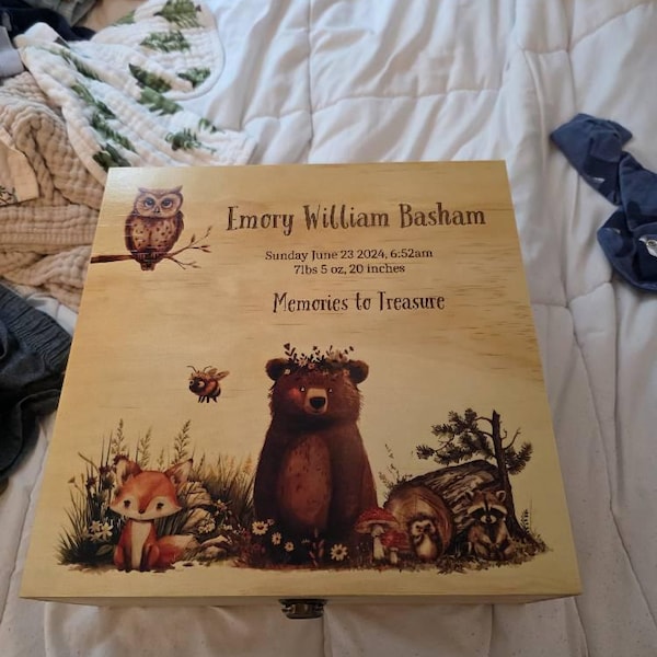 Baby Keepsake Box: Personalized Woodland Animal Design, Engraved Wood ...