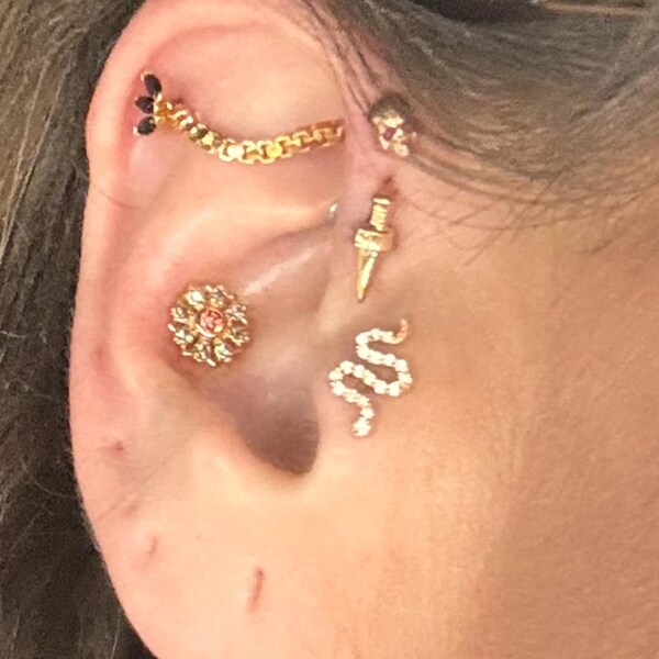 14K Solid Gold Diamond Snake Daith Piercing for Her, Gold Snake Septum ...