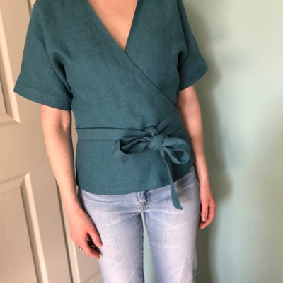 Linen Wrap Top, Bell Sleeve Top, Linen Kimono Top, Linen Wrap Crop Top ...