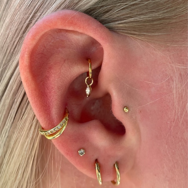 14K Solid Gold Charm Earring Cartilage Hoop Charm Huggie Charm Daith ...