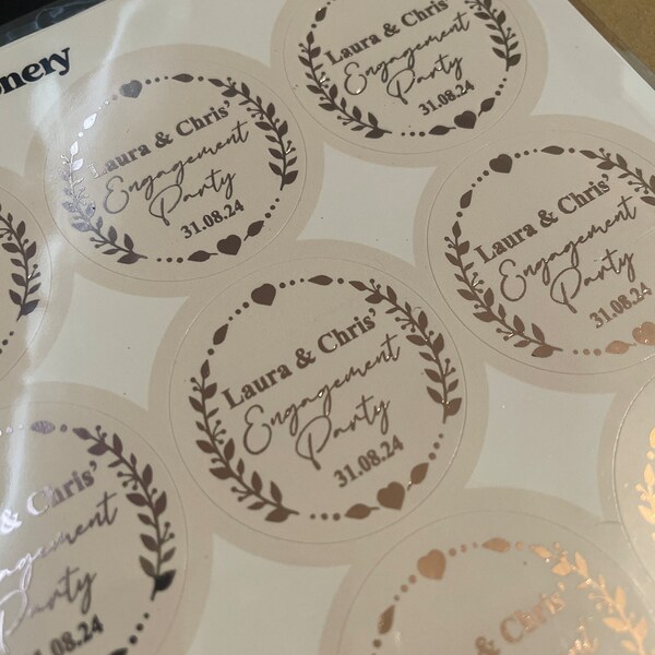 35 Foiled Engagement Party Stickers With Wreath Design 37mm Favour ...
