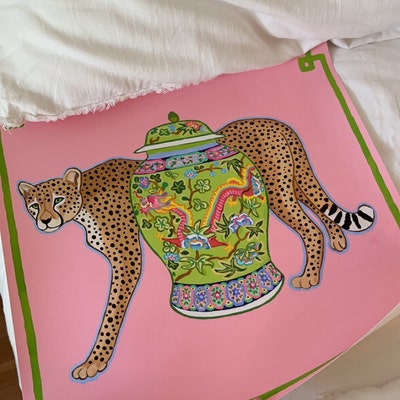 Two Art Prints Chinoiserie Cheetah and Leopard With Asian Peony and ...