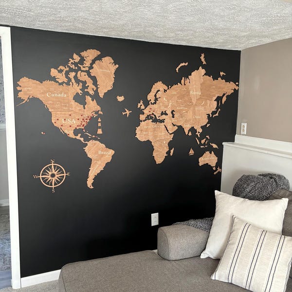 Large World Map Wall Hangings, Wood World Map With Borders, Countries ...
