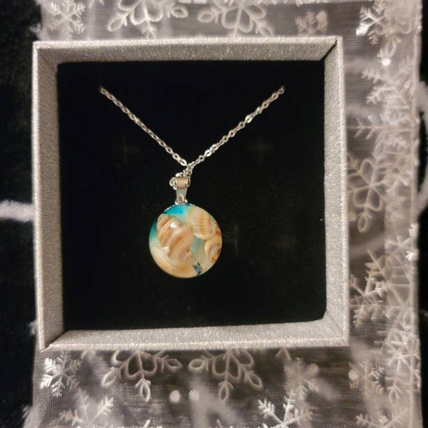 Ocean Resin Orb Necklace: Shells & Blue Ink, Sterling Silver Chain - Etsy