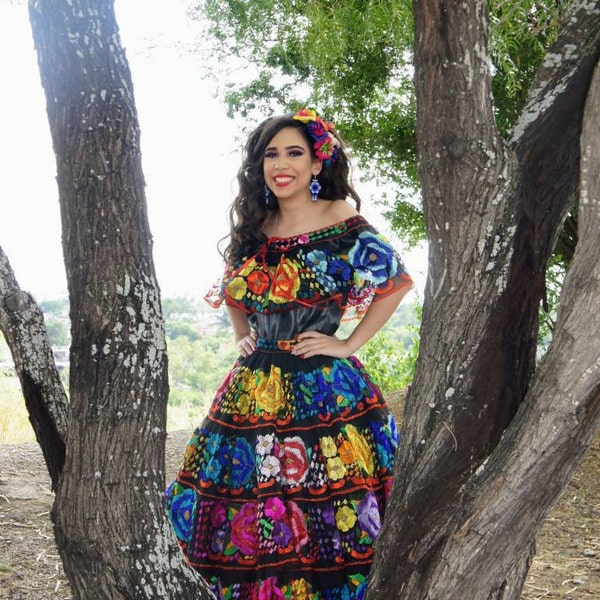 Colorful Chiapas Style Dress. Custom-made Hand Embroidered Cultural 2 Piece Outfit. Quinceañera ...