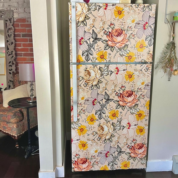 Boho Fridge Wrap Vintage Floral Refrigerator Wrap Vinyl Side by Side ...